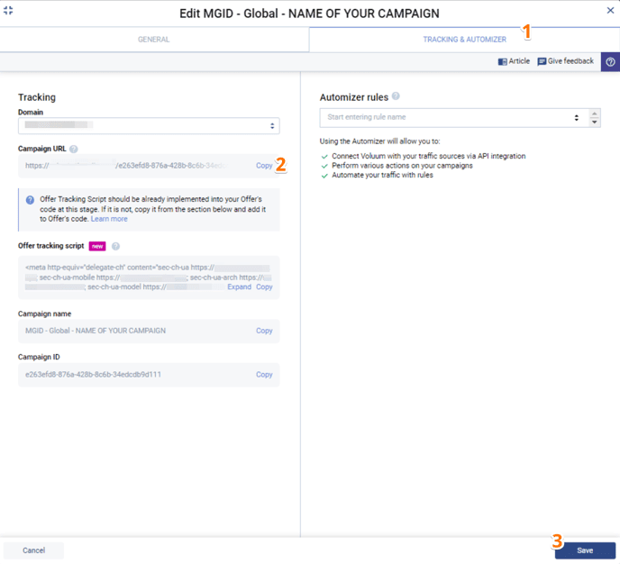Voluum.com Tracker Integration in MGID Ads